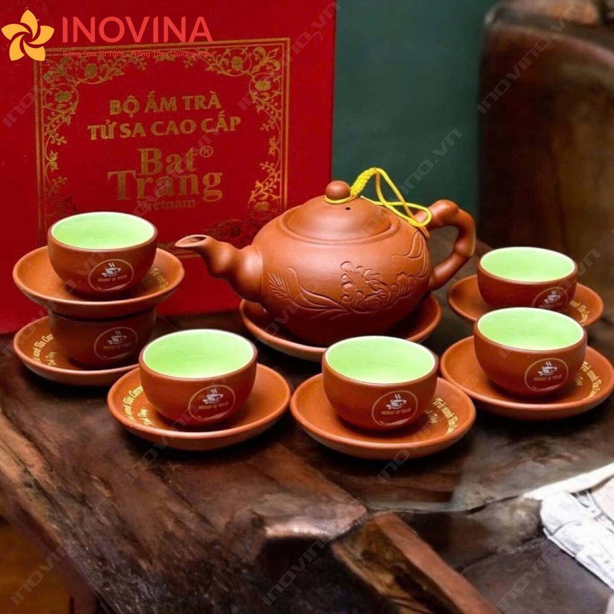 Bộ Ấm Trà Tử Sa Bát Tràng Dáng Cây Cành Liễu In Logo